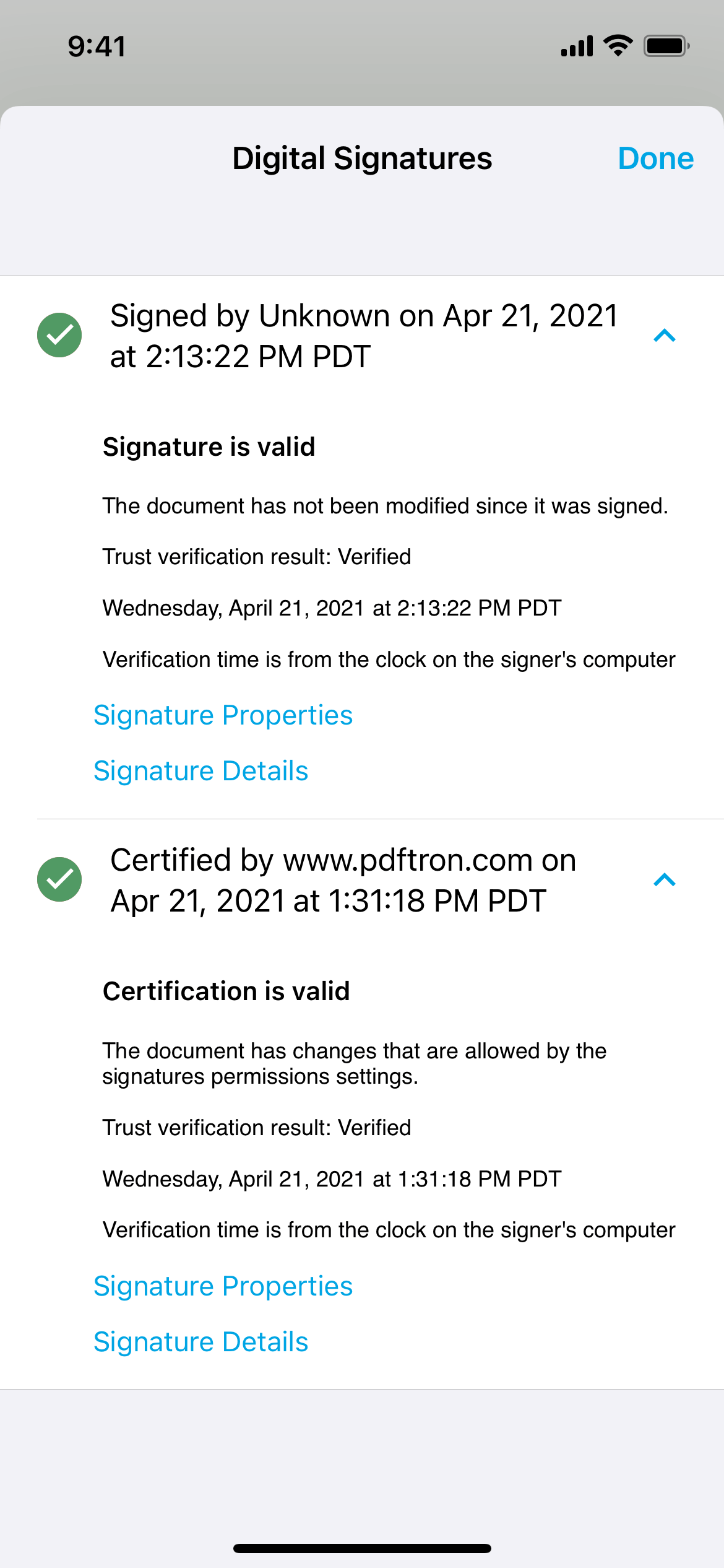 Digital Signature Validation IOS PDFTron SDK