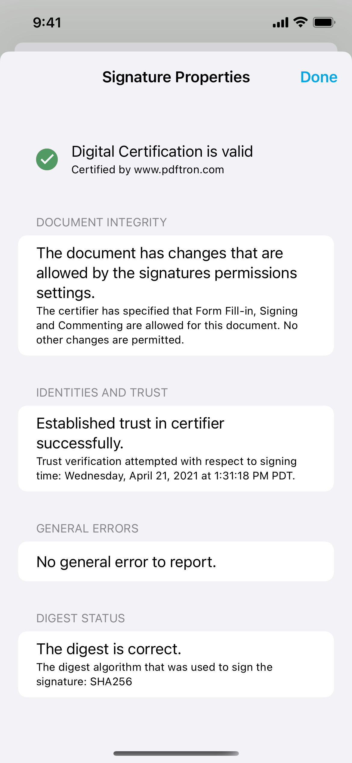 Digital Signature Validation IOS PDFTron SDK